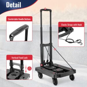 KOSTANZO Folding Hand Truck - Lightweight Dolly Cart with 4 Wheels & 2 Elastic Straps, Collapsible Luggage Cart with Adjustable Handle of 3 Levels for Traveling, Offices, Shopping (15.8" x 12.6")