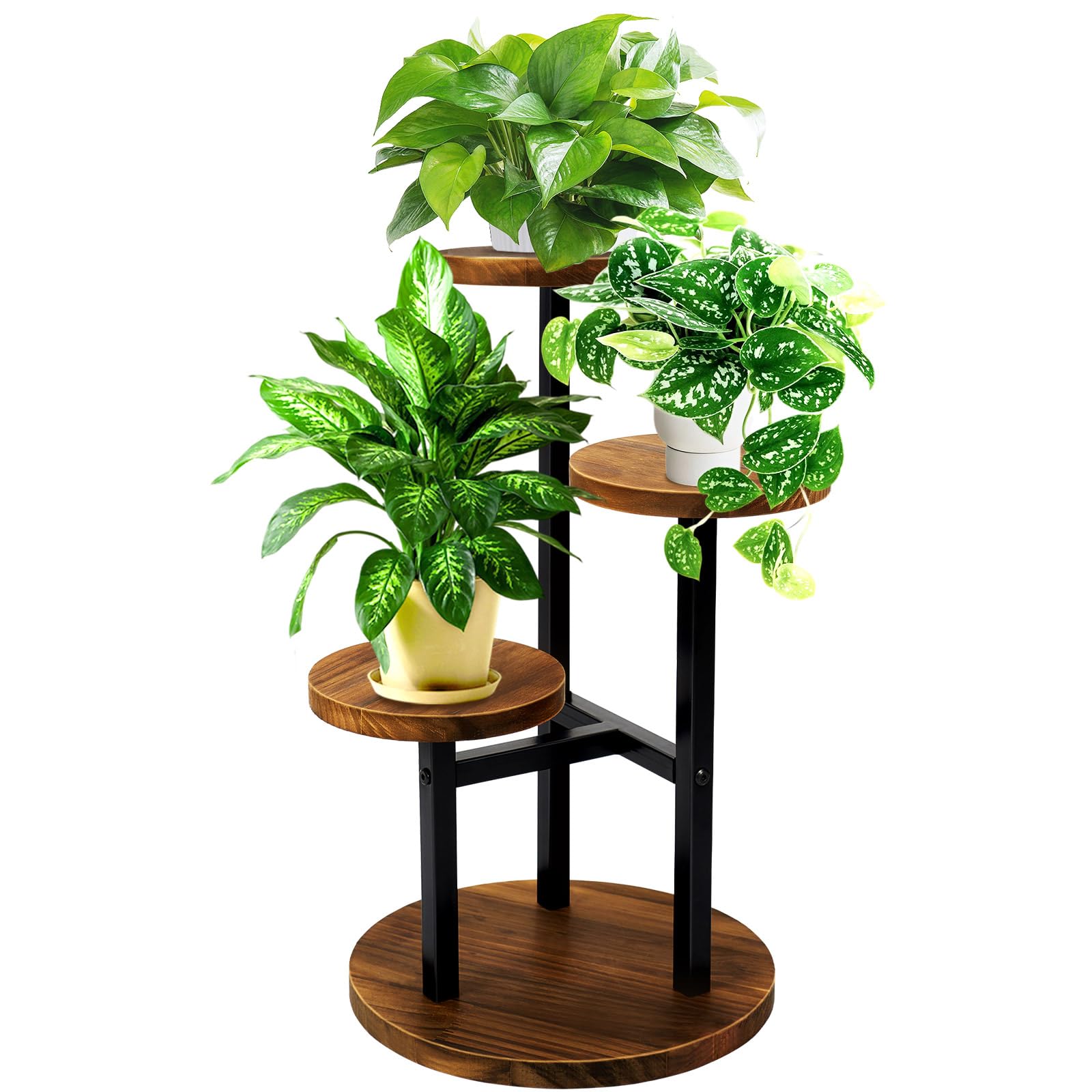 GEEBOBO 3 Tier Plant Stand Indoor, Metal Wood Plant Stands For Indoor Plants Multiple, Corner Tiered Flower Plants Shelf Stand for Living Room Bedroom, Brown