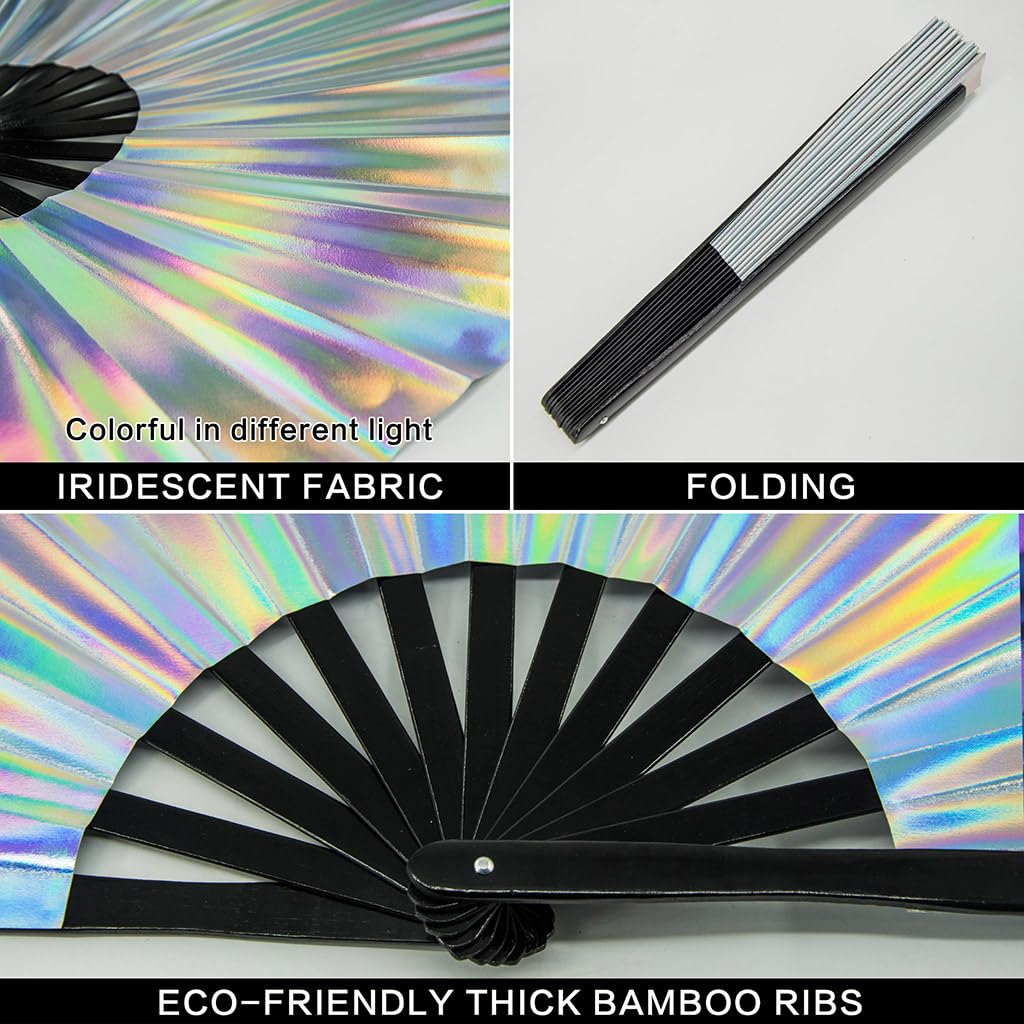 Ravevibes 13" Large Glitter Holographic Rave Hand Fan, Folding Lridescent Festival Edm Clack Fan Foldable for Rave Outfits Accessories Festival, Club, Party, Dance for Men Women, Holographic White