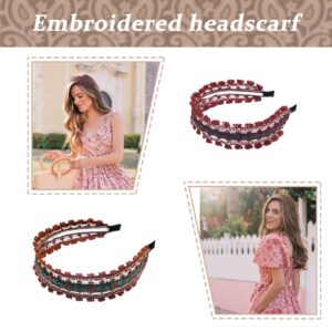 Wide Lace Headband, 4Pcs Boho Floral Hairbands Embroidered Cutout Headbands Elastic Headwrap with Teeth Bohemian Headwear Hard Headbands Hair Accessories for Women Girls and Teens