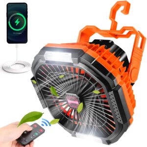 odoland portable camping fan with led light, 7800mah rechargeable battery operated fan lantern with hook & remote, usb fan for tent rv hurricane outages emergency