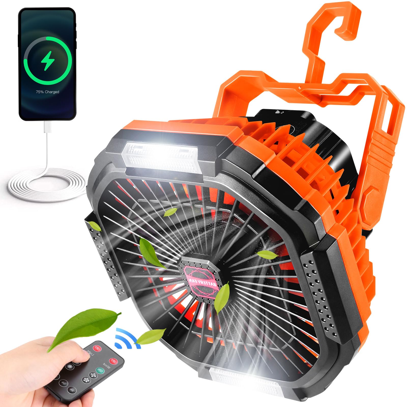 Odoland Portable Camping Fan with LED Light, 7800mAh Rechargeable Battery Operated Fan Lantern with Hook & Remote, USB Fan for Tent RV Hurricane Outages Emergency