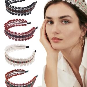 Wide Lace Headband, 4Pcs Boho Floral Hairbands Embroidered Cutout Headbands Elastic Headwrap with Teeth Bohemian Headwear Hard Headbands Hair Accessories for Women Girls and Teens