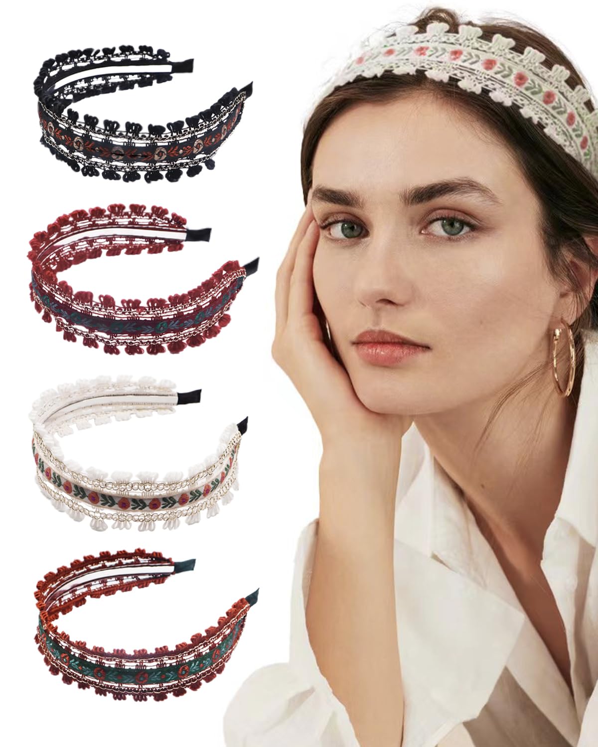 Wide Lace Headband, 4Pcs Boho Floral Hairbands Embroidered Cutout Headbands Elastic Headwrap with Teeth Bohemian Headwear Hard Headbands Hair Accessories for Women Girls and Teens