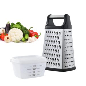 cheese grater, little cook stainless steel 4-sided box grater, detachable 3 cup storage container and measurement markings graters with handle for kitchen, dishwasher safe (black)