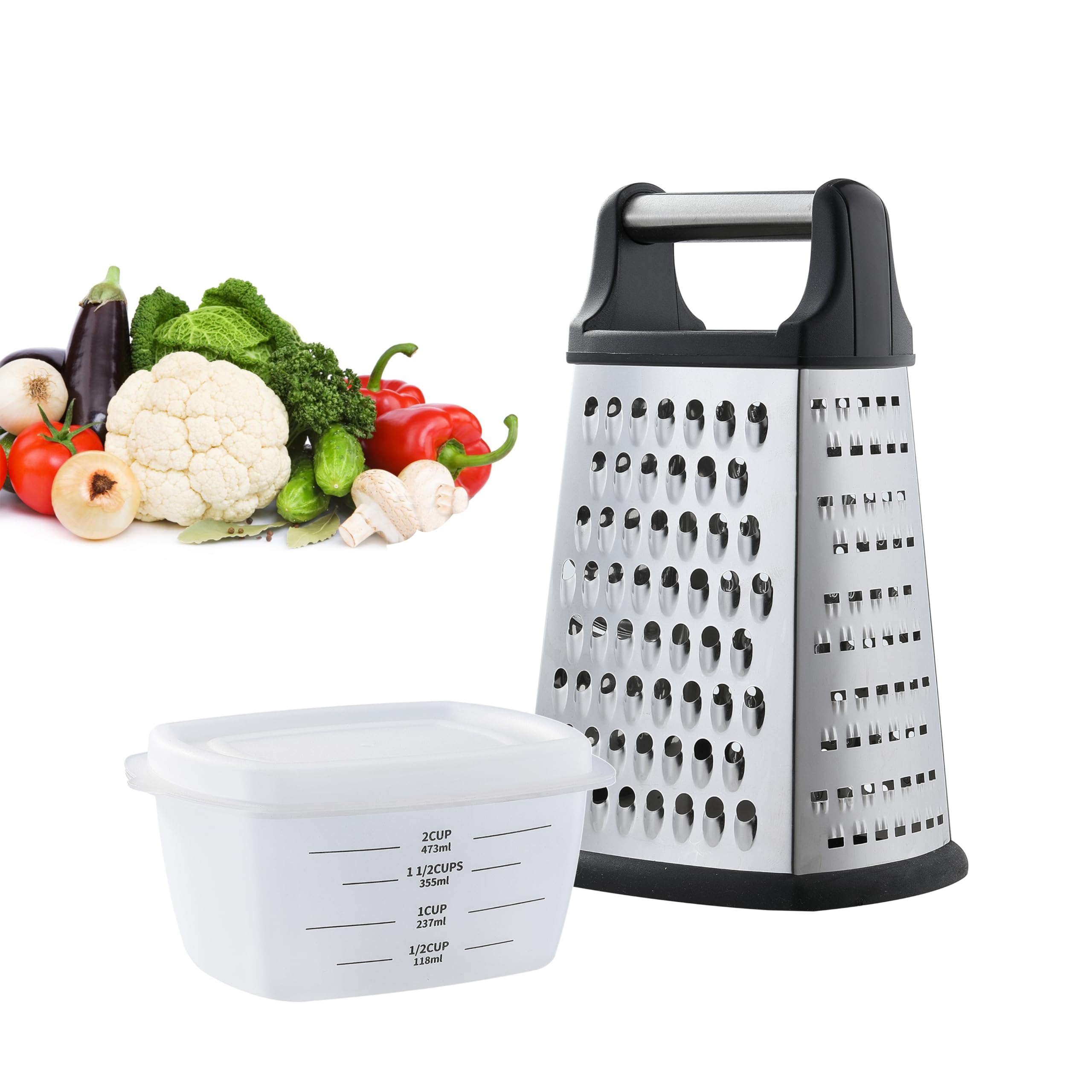 Cheese Grater, Little Cook Stainless Steel 4-Sided Box Grater, Detachable 3 Cup Storage Container and Measurement Markings Graters With Handle for Kitchen, Dishwasher Safe (Black)