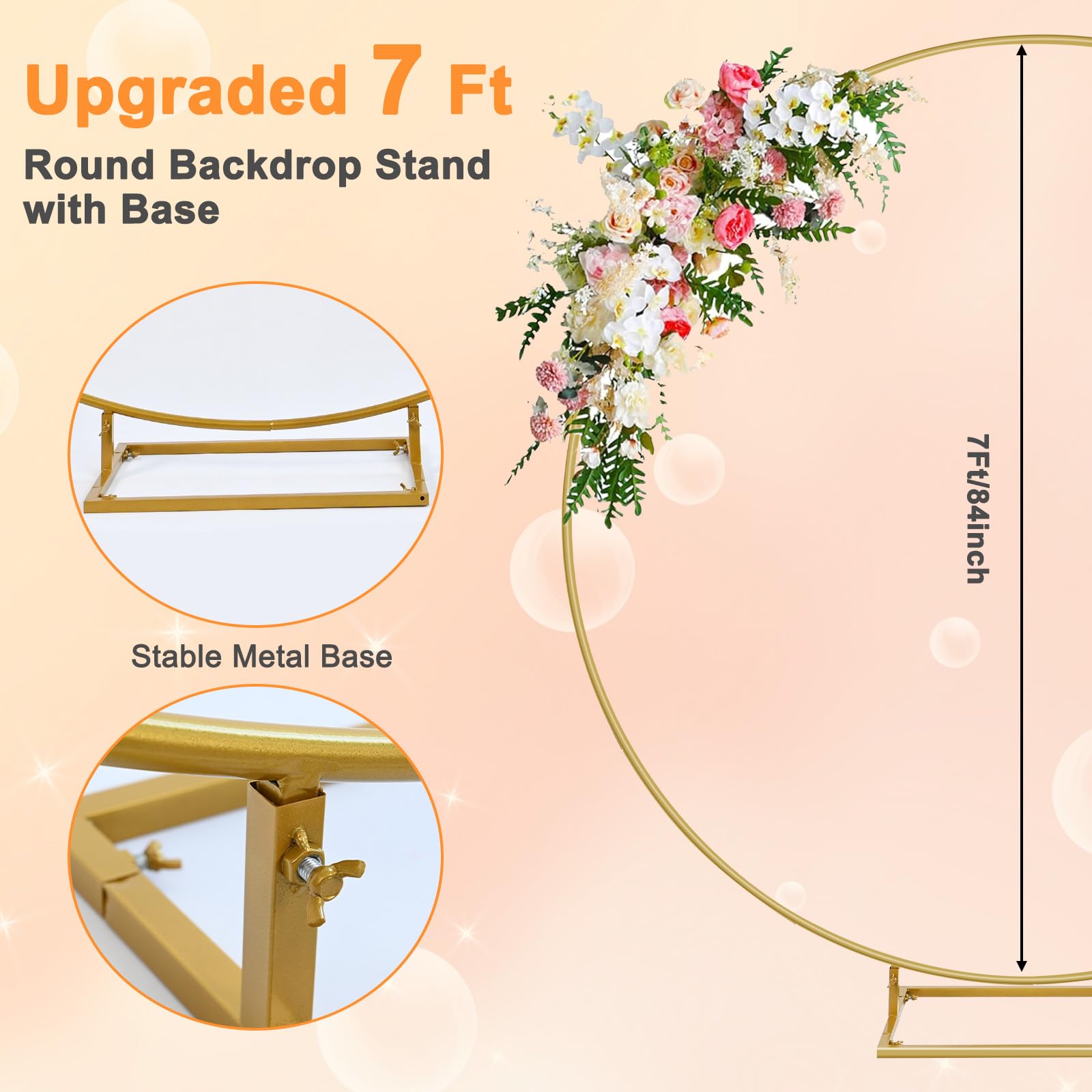 GULIMENG 7 Ft Round Backdrop Stand Metal Arch, Circle Backdrop Arch Stand Wedding Arch Frame, Balloon Arch Stand Arch Backdrop Stand for Party, Wedding Archs for Ceremony Baby Shower Decoration (Gold)