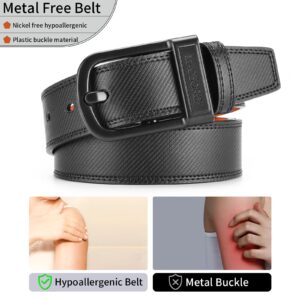 MACBORO Non Metal Tsa Approved Belt Nickel Free Hypoallergenic Belts for Men Plastic Buckle Travel Black Leather Belt