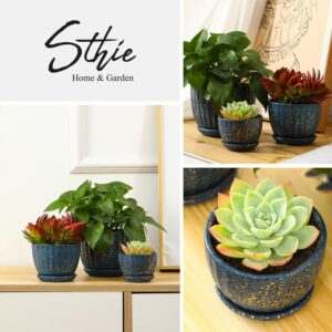 STHIE Ceramic Plant Pots with Drainage Holes and Saucers, Round Blue Flower Pots for Indoor Plant, Diameter 3.3/4.3/5.5 Inches Small Mini Flower Planters Set of 3