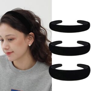 AUDTOPE Black Velvet Padded Headbands for Women, Soft Simple Headband for Girls and Teens, Plain No Teeth Thick Hoops Hair Accessories