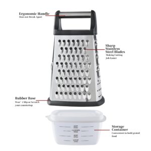 Cheese Grater, Little Cook Stainless Steel 4-Sided Box Grater, Detachable 3 Cup Storage Container and Measurement Markings Graters With Handle for Kitchen, Dishwasher Safe (Black)