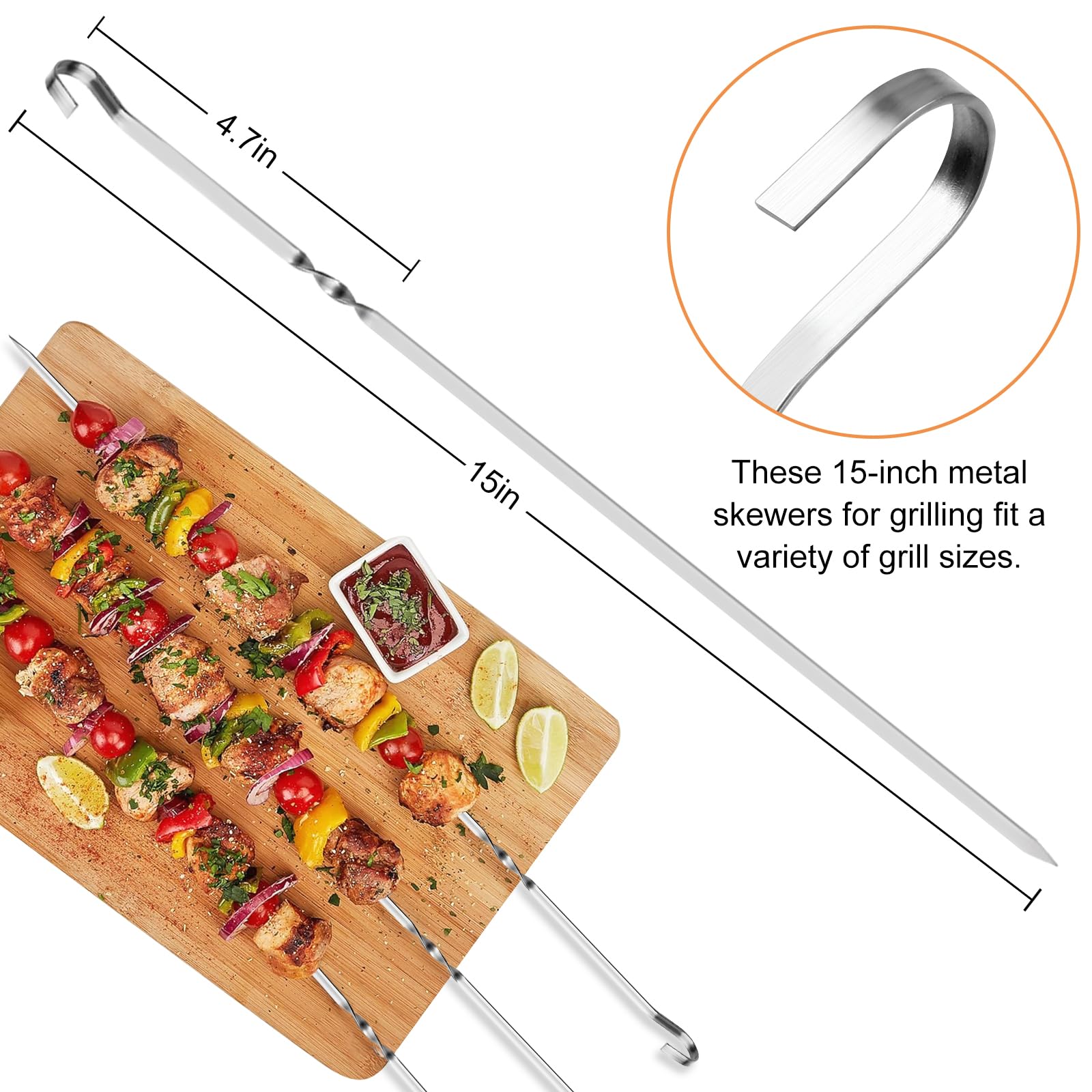 Oligei 24 PCS Metal Skewers, Kabob Skewers, Metal Skewers for Kabobs, Flat Skewers for Grilling, Reusable Metal Skewers for Grilling, Grill Skewers for BBQ, Meat and Vegetable