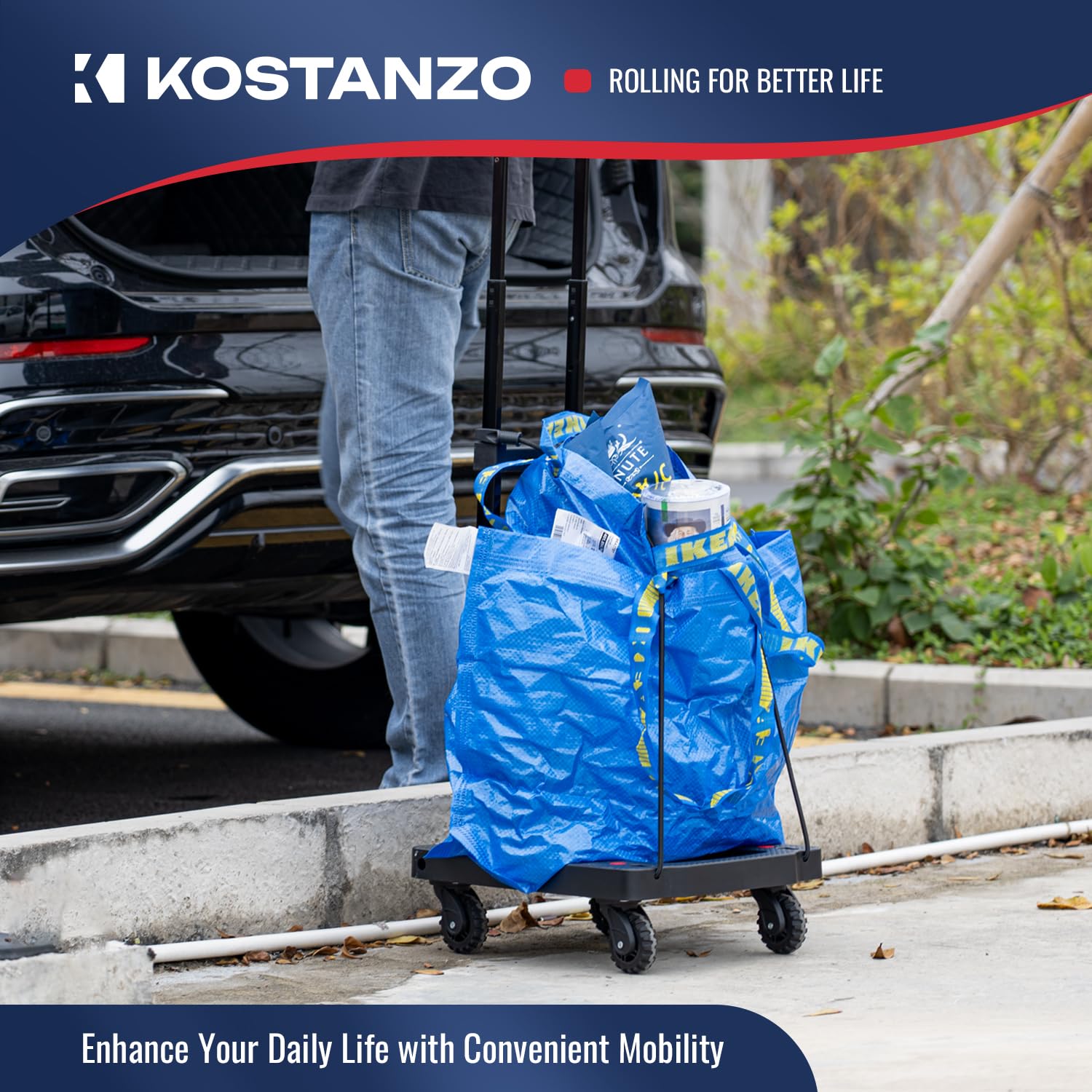 KOSTANZO Folding Hand Truck - Lightweight Dolly Cart with 4 Wheels & 2 Elastic Straps, Collapsible Luggage Cart with Adjustable Handle of 3 Levels for Traveling, Offices, Shopping (15.8" x 12.6")