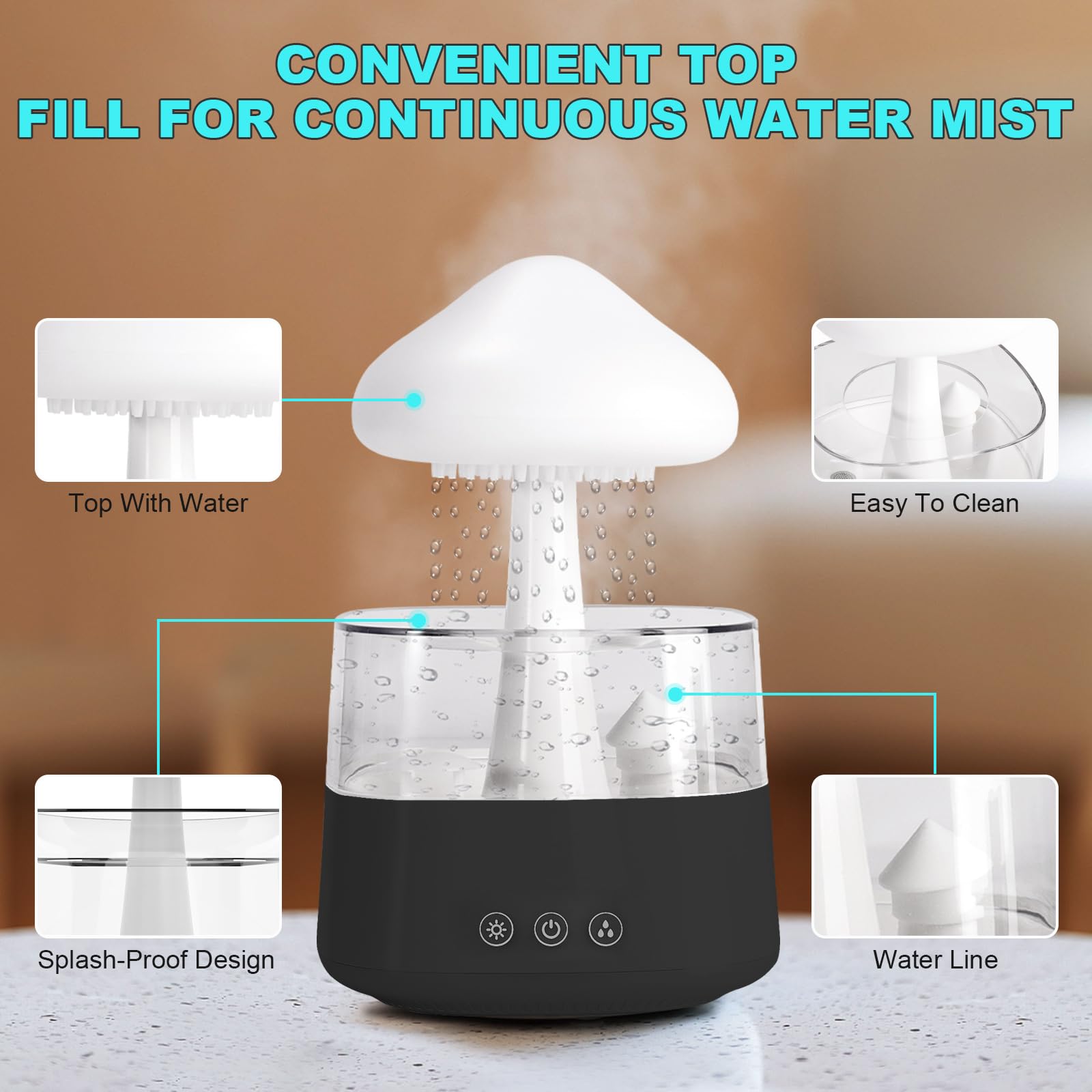 Cloud Rain Humidifier for Bedroom Water Drip Diffuser, Mushroom Diffuser, 450ml Cloud Humidifier Rain Drop,Cloud Diffuser with 7 Colors, Rain Sounds for Sleeping (08 Black)