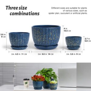 STHIE Ceramic Plant Pots with Drainage Holes and Saucers, Round Blue Flower Pots for Indoor Plant, Diameter 3.3/4.3/5.5 Inches Small Mini Flower Planters Set of 3