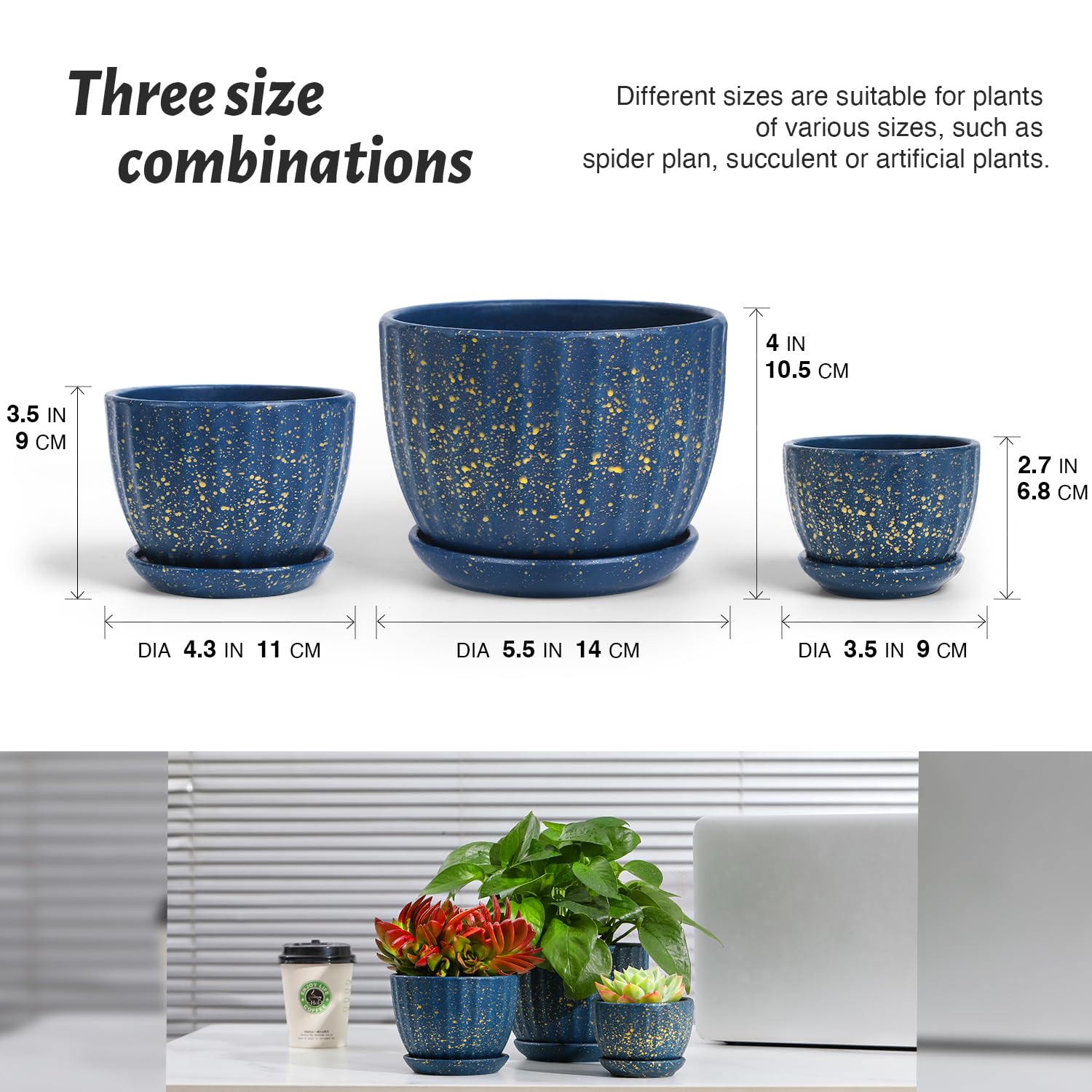 STHIE Ceramic Plant Pots with Drainage Holes and Saucers, Round Blue Flower Pots for Indoor Plant, Diameter 3.3/4.3/5.5 Inches Small Mini Flower Planters Set of 3