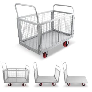 forcecar platform truck cart with cage 4in1 foldable platform truck heavy duty push cart dolly load 1600lbs w/swivel casters, flatbed fence cart hand trucks for warehouse,groceries,garage