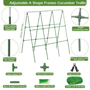 Cucumber Trellis for Raised Beds, 45 x 53 Inch Adjustable Size A-Frame Garden Trellis for Climbing Plant Outdoors with Climbing Net and Plant Support Clip for Vegetable Grape Tomato Garden Supplies