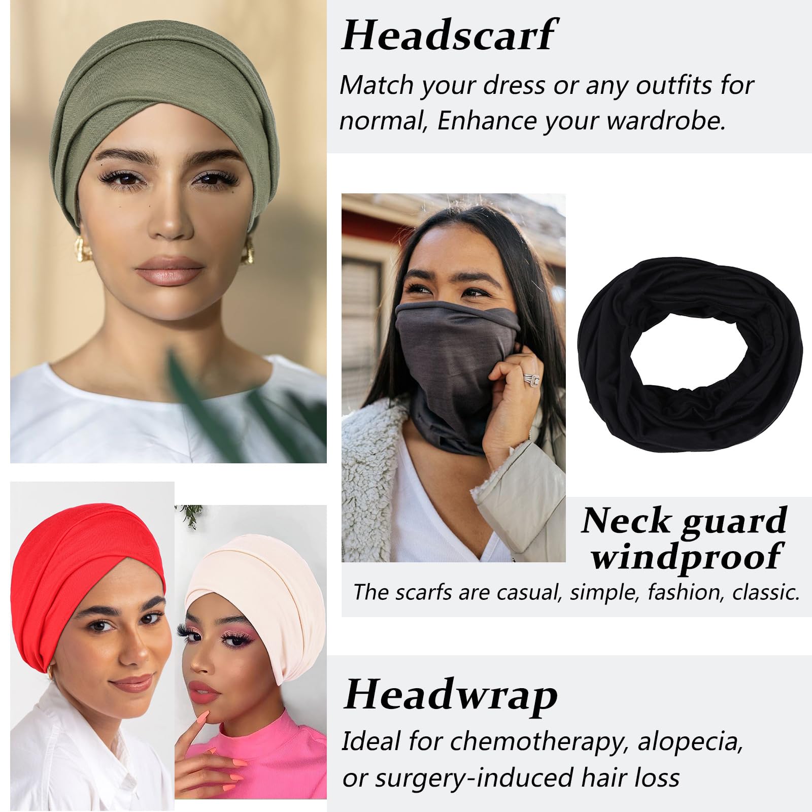 XTREND 4 Pieces Head Wrap Stretch Knit African Turban Fashion Headband Solid Color Neck Sleeve Soft Breathable Head Scarf for Women (Black, Camel, Army Green, Coffee)