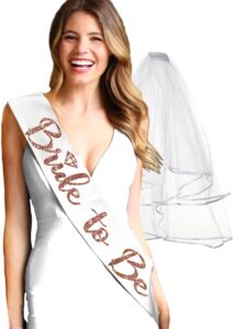 bride sash and veil - set of 2: rose gold sparkle diamond bride to be premium bridal grade white satin sash & white veil - bridal shower veil and sash - veil set(rg dib2b) wht