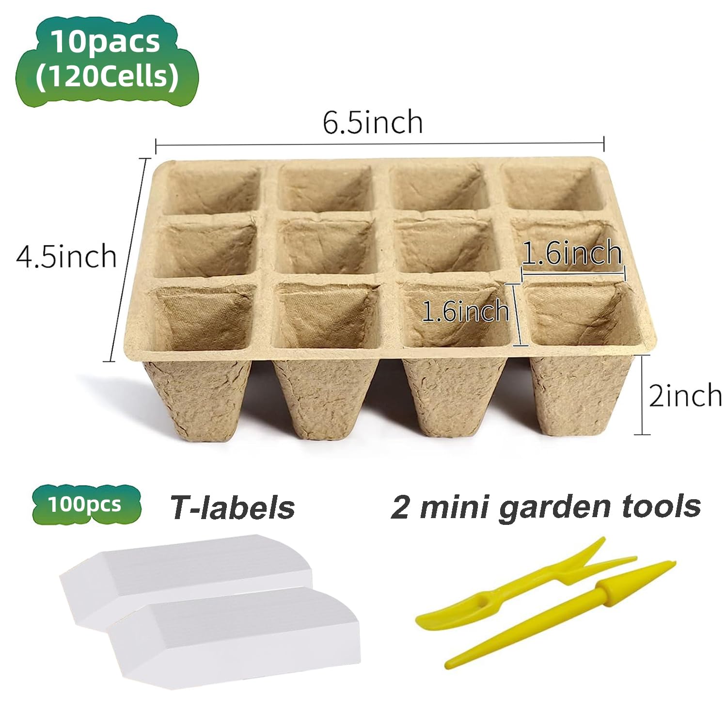 Doubleggs 120 Cells Seed Starter Tray, 10 Packs Biodegradable Peat Pots for Seedlings, Organic Germination Plant Starter Kit with 100 Labels and 2 Transplant Tools