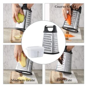 Cheese Grater, Little Cook Stainless Steel 4-Sided Box Grater, Detachable 3 Cup Storage Container and Measurement Markings Graters With Handle for Kitchen, Dishwasher Safe (Black)