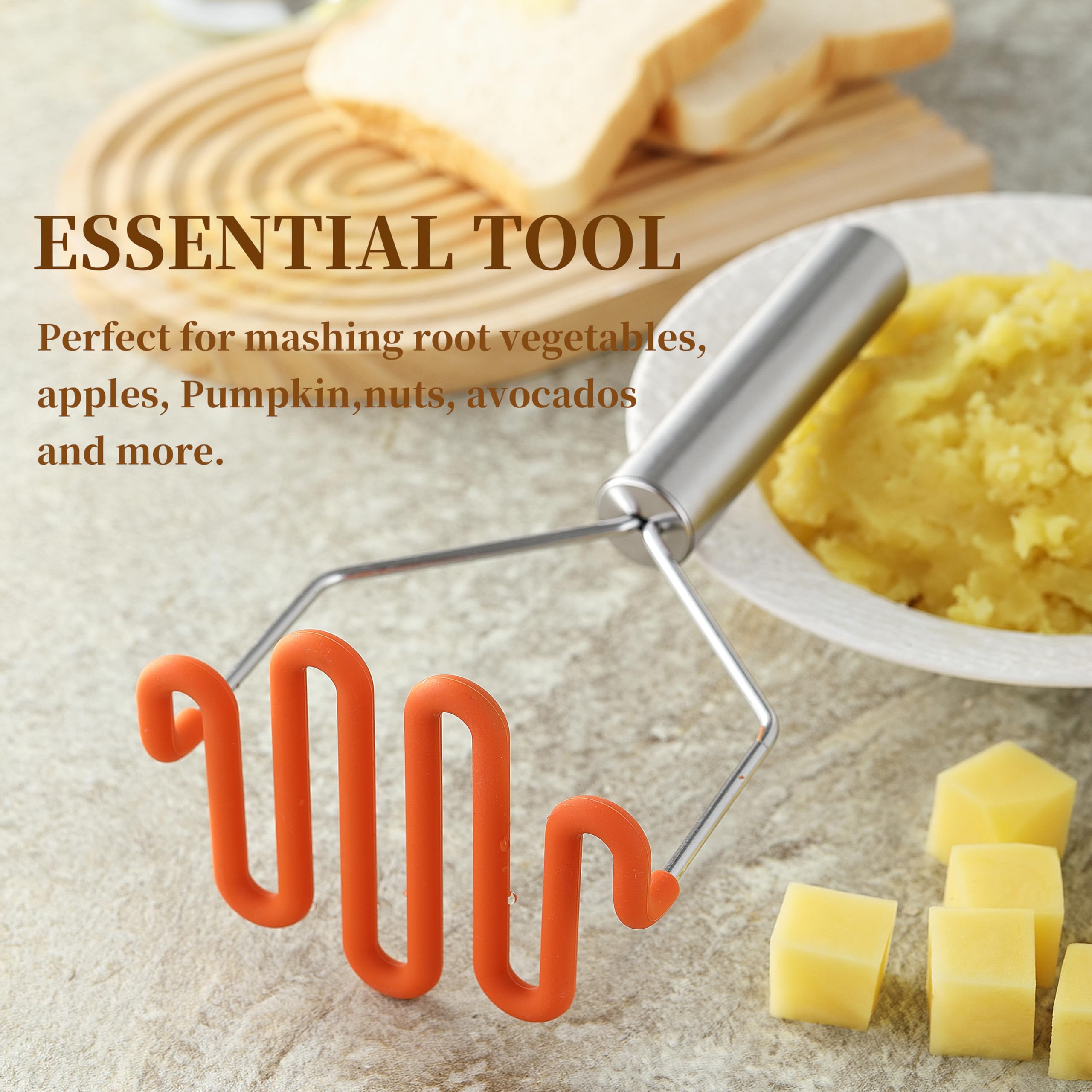 Potato Masher, VITUER Non-Scrath Silicone Potatoes Masher, Premium Stainless Steel Wrapped in Silicone Mashed Potatoes Masher, Great for Avocado, Potatoes, Beans, Dishwasher Safe (9.25inch, Orange)