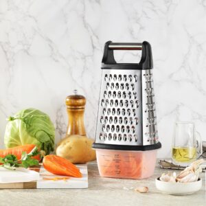 Cheese Grater, Little Cook Stainless Steel 4-Sided Box Grater, Detachable 3 Cup Storage Container and Measurement Markings Graters With Handle for Kitchen, Dishwasher Safe (Black)