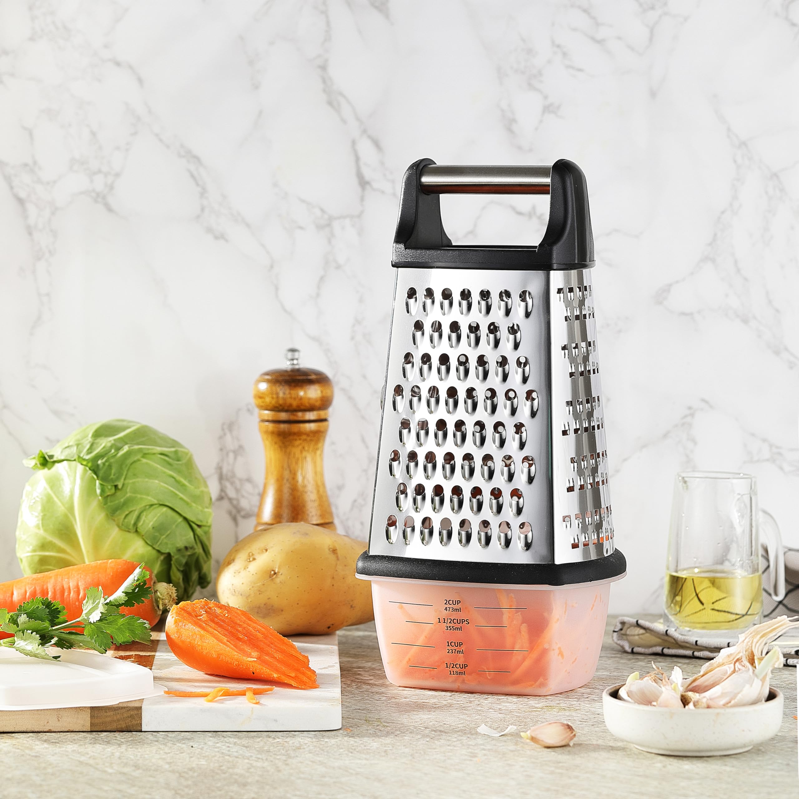 Cheese Grater, Little Cook Stainless Steel 4-Sided Box Grater, Detachable 3 Cup Storage Container and Measurement Markings Graters With Handle for Kitchen, Dishwasher Safe (Black)