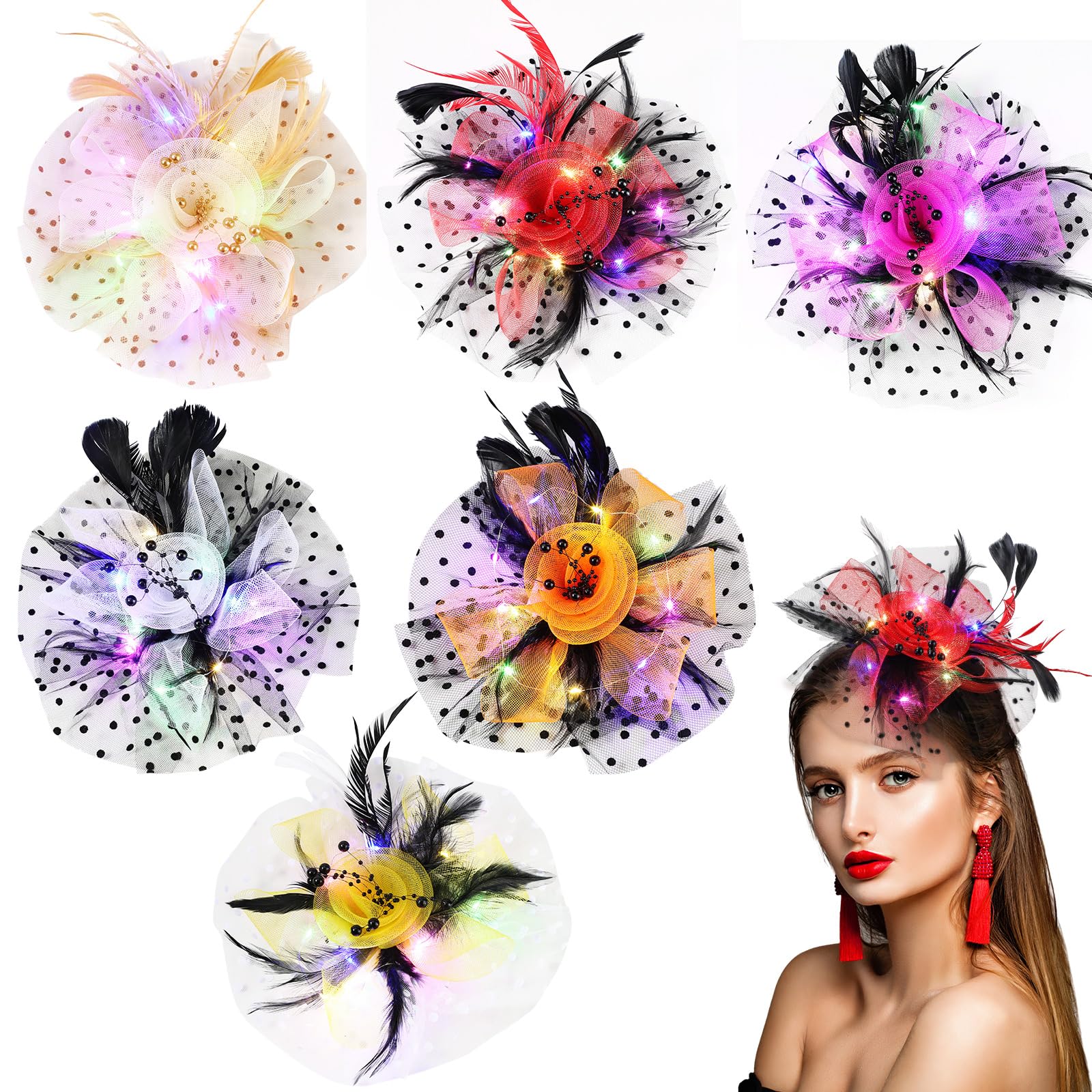 Riceshoot 6 Pcs LED Fascinator Hats for Women Tea Party Hats Derby Headband Wedding Cocktail Lighted Flower Mesh Feather Hat(Classic Colors)