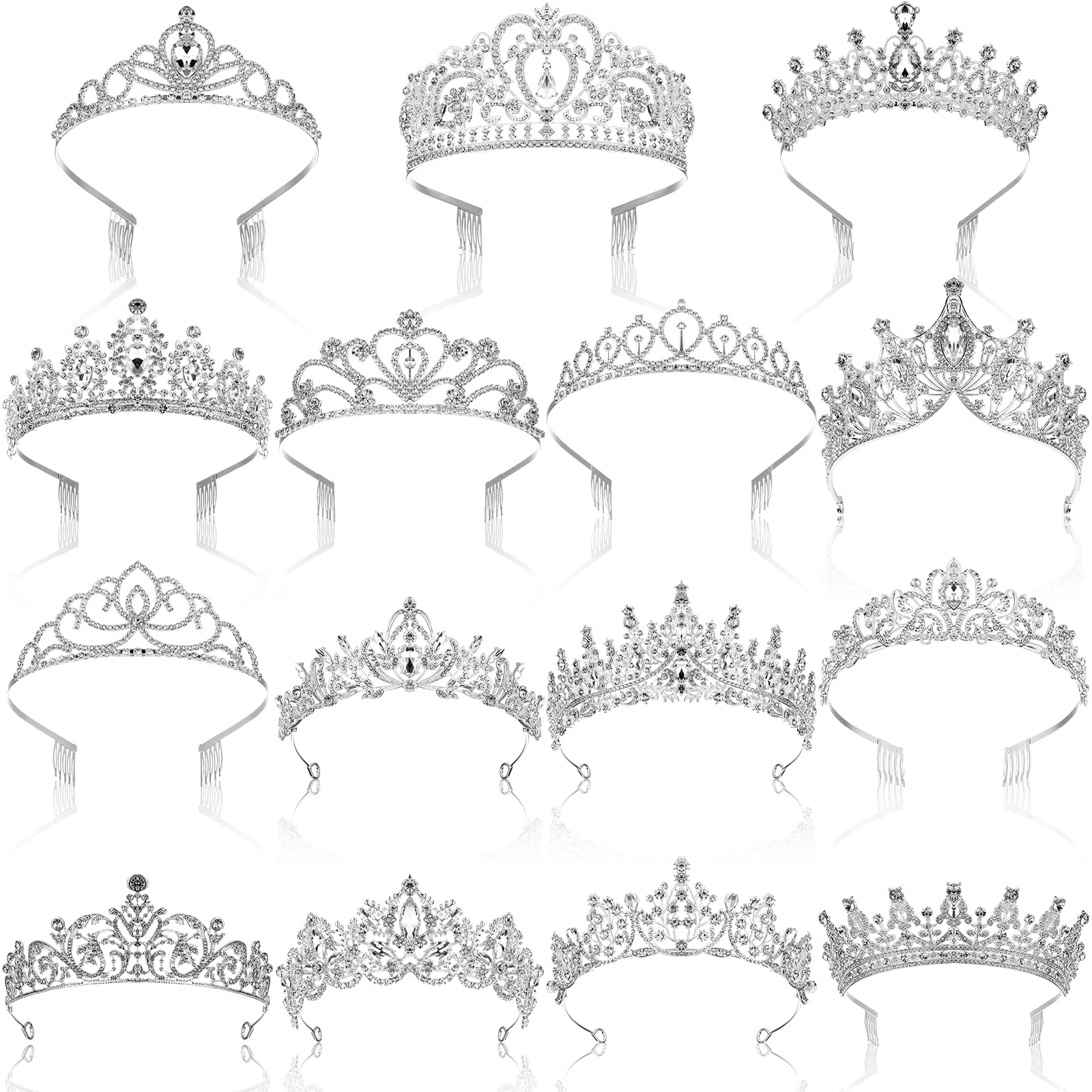 Landical 15 Pcs Silver Tiara and Crowns for Women Crystal Tiara Crown Headband with Comb Rhinestone Queen Princess Crown Hair Accessories for Christmas Bridal Party Prom Costume Cosplay Gifts