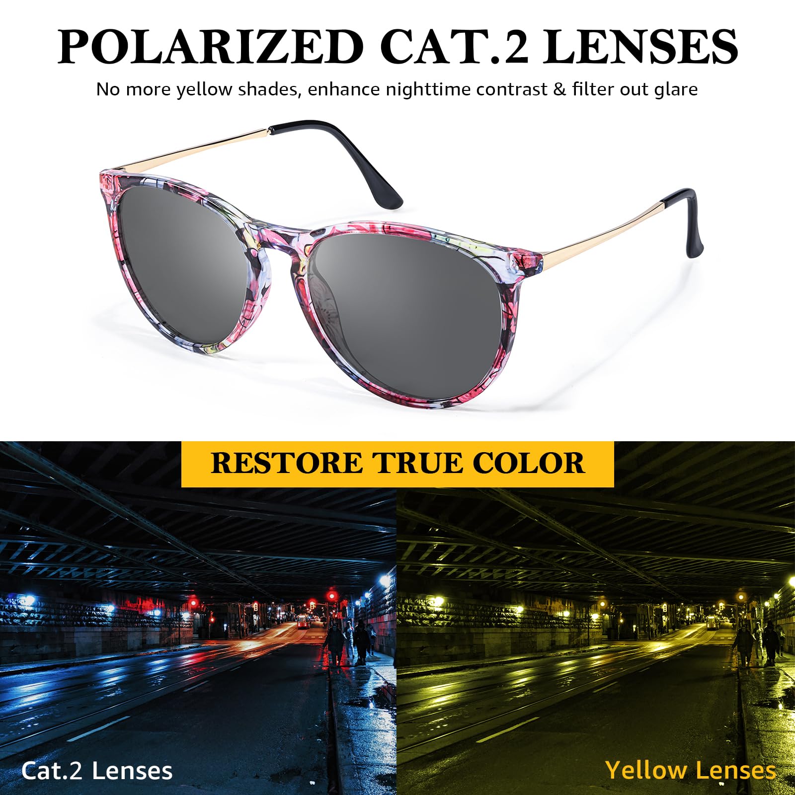 Myiaur CAT.2 Night Driving Glasses for Women Men, Polarized Night Vision Glasses Sunglasses Reduce Glare for Day & Night M8859