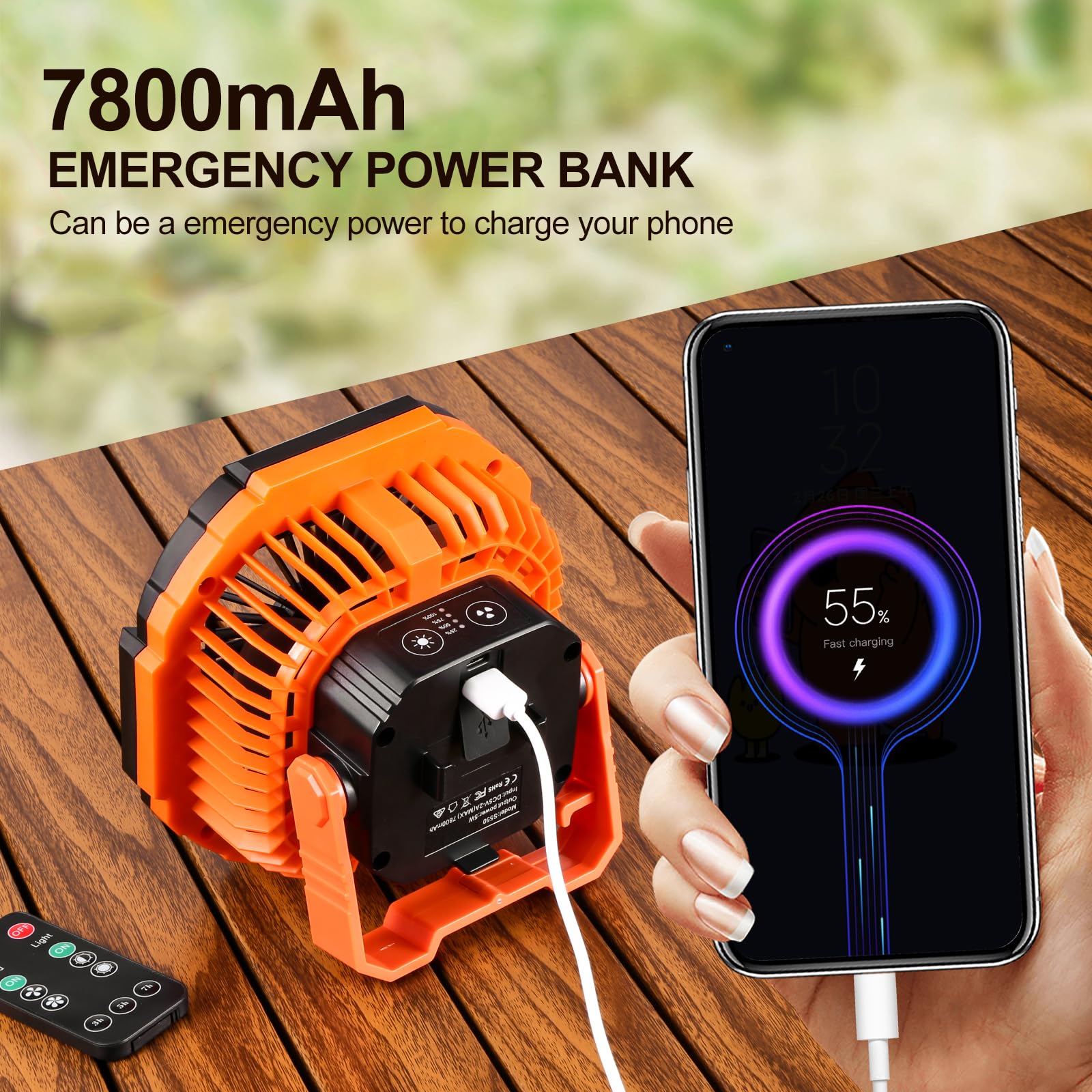 Odoland Portable Camping Fan with LED Light, 7800mAh Rechargeable Battery Operated Fan Lantern with Hook & Remote, USB Fan for Tent RV Hurricane Outages Emergency