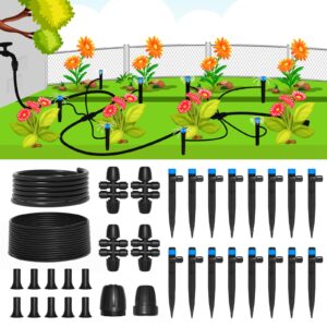 mixc drip irrigation system, 95ft quick efficient connector garden irrigation system plants watering system for lawn patio raised bed automatic irrigation equipment with 1/2''&1/4"tubing,drip emitters