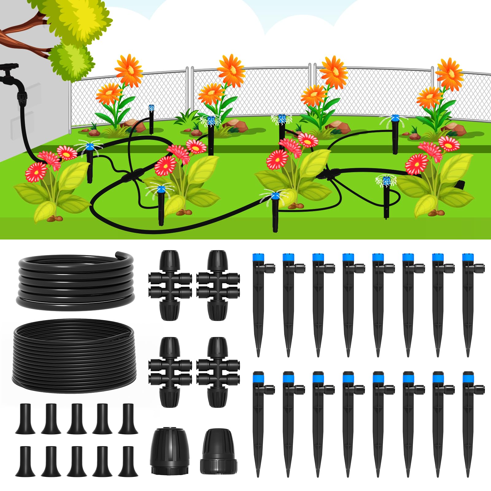 MIXC Drip Irrigation System, 95FT Quick Efficient Connector Garden Irrigation System Plants Watering System For Lawn Patio Raised Bed Automatic Irrigation Equipment With 1/2''&1/4"Tubing,Drip Emitters