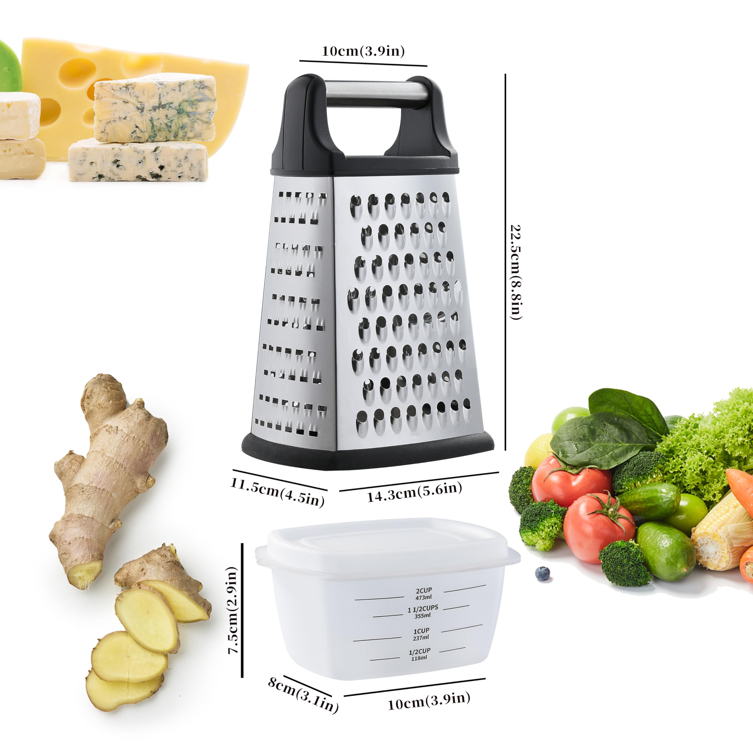 Cheese Grater, Little Cook Stainless Steel 4-Sided Box Grater, Detachable 3 Cup Storage Container and Measurement Markings Graters With Handle for Kitchen, Dishwasher Safe (Black)