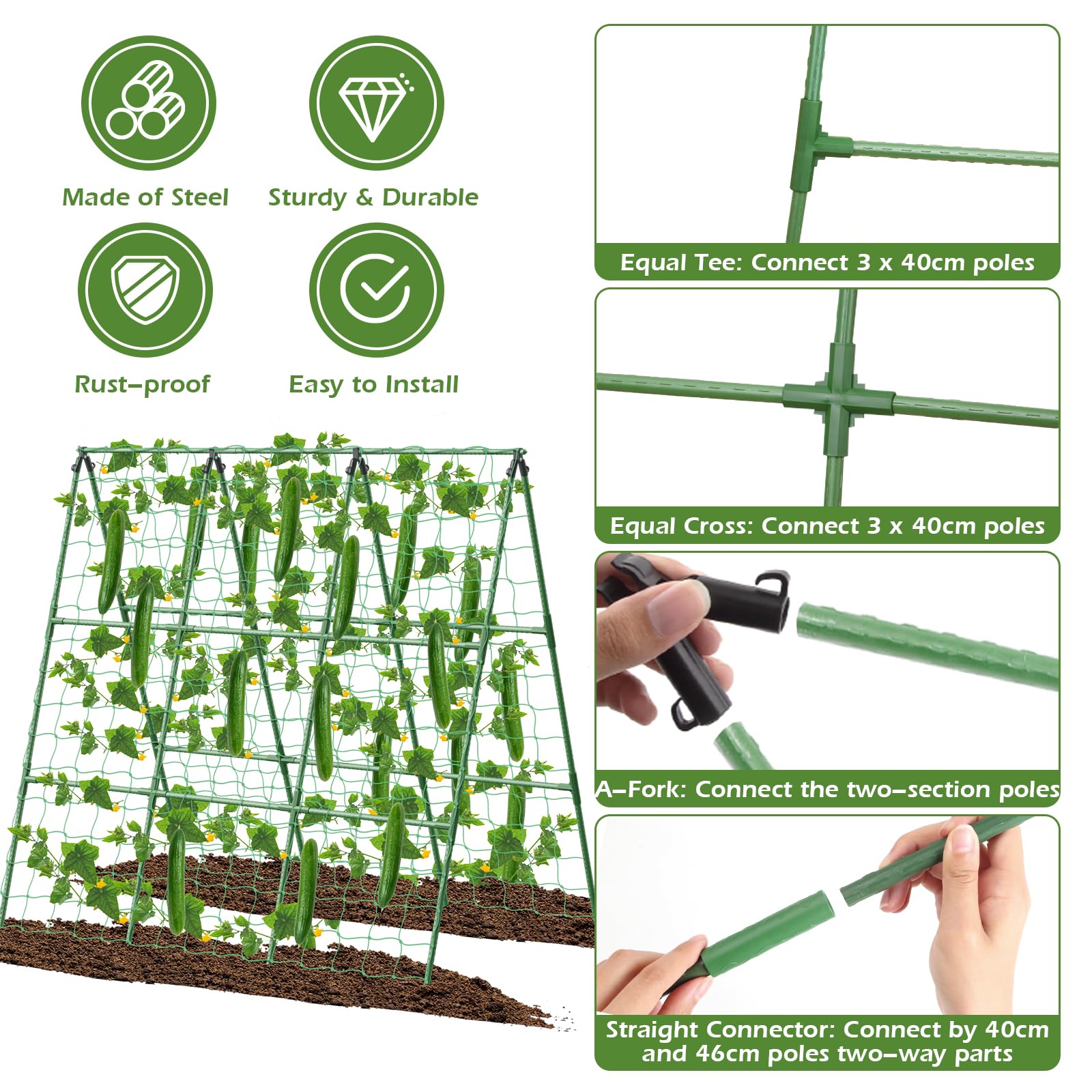 Cucumber Trellis for Raised Beds, 45 x 53 Inch Adjustable Size A-Frame Garden Trellis for Climbing Plant Outdoors with Climbing Net and Plant Support Clip for Vegetable Grape Tomato Garden Supplies