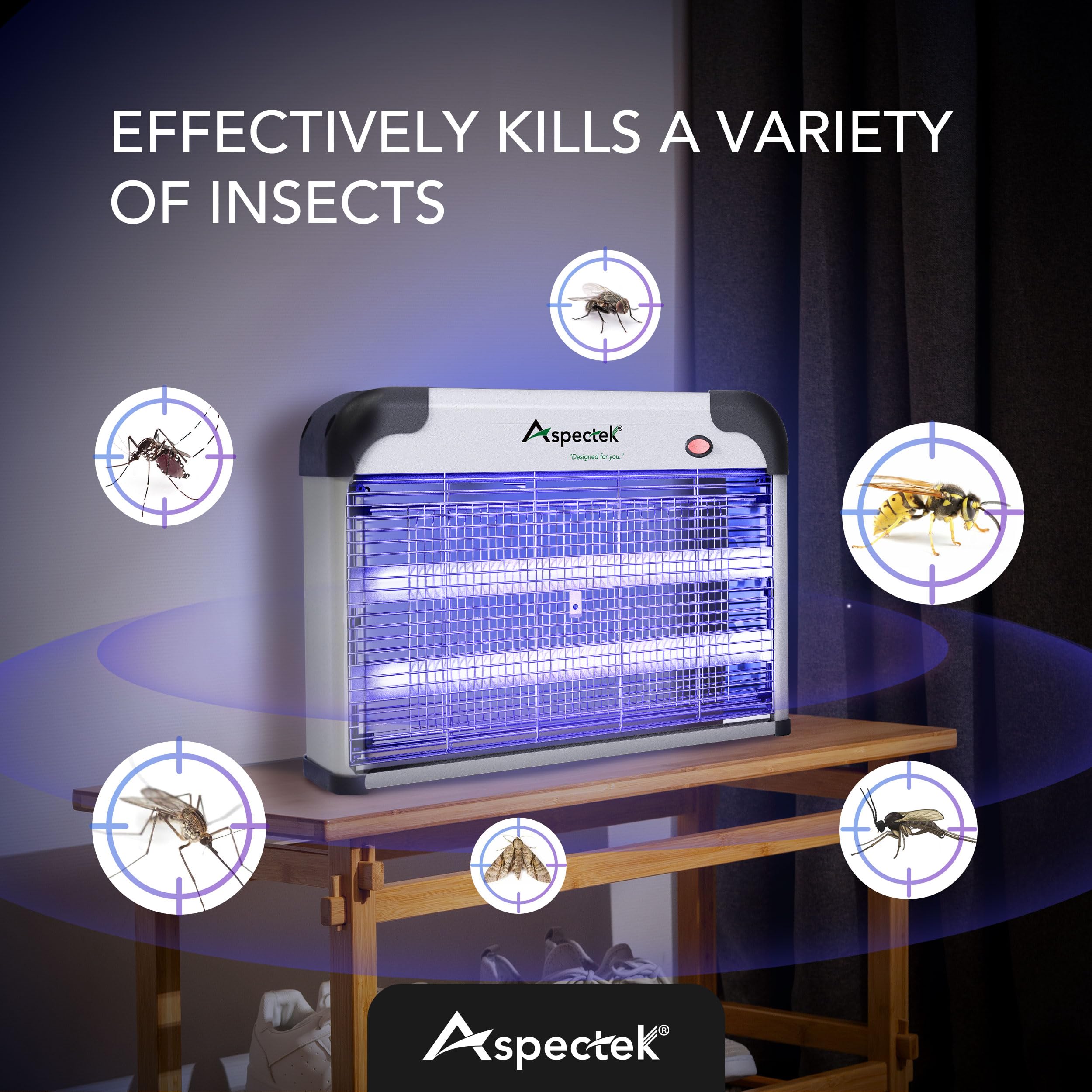 Aspectek 20W Electric Bug Zapper for Indoor use. Effective Against Mosquitoes and Flies. 2 Extra Replacement Bulbs Included. Lightweight Design, 2800V Powerful Grid, Easy Cleaning, Washable Tray.