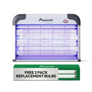 aspectek 20w electric bug zapper for indoor use. effective against mosquitoes and flies. 2 extra replacement bulbs included. lightweight design, 2800v powerful grid, easy cleaning, washable tray.