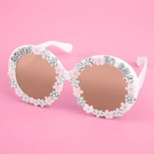 xo, Fetti Groovy Bride To Bride White Sunglasses - Flowers + Rhinestones | Last Disco Bachelorette Party Sunnies, Engagement Decorations, 70s Bridal Shower Accessory, Boho Bach Supplies