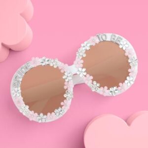 xo, Fetti Groovy Bride To Bride White Sunglasses - Flowers + Rhinestones | Last Disco Bachelorette Party Sunnies, Engagement Decorations, 70s Bridal Shower Accessory, Boho Bach Supplies