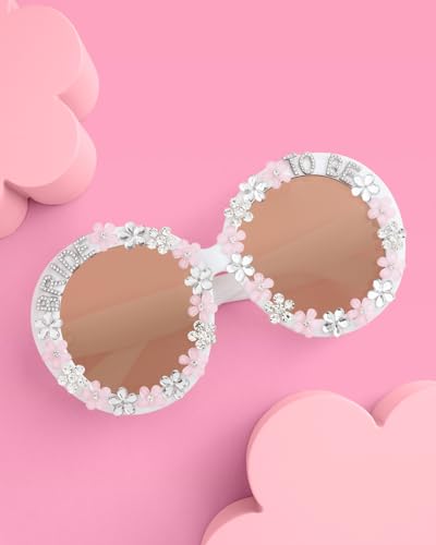 xo, Fetti Groovy Bride To Bride White Sunglasses - Flowers + Rhinestones | Last Disco Bachelorette Party Sunnies, Engagement Decorations, 70s Bridal Shower Accessory, Boho Bach Supplies