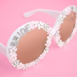 xo, Fetti Groovy Bride To Bride White Sunglasses - Flowers + Rhinestones | Last Disco Bachelorette Party Sunnies, Engagement Decorations, 70s Bridal Shower Accessory, Boho Bach Supplies