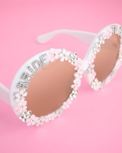 xo, Fetti Groovy Bride To Bride White Sunglasses - Flowers + Rhinestones | Last Disco Bachelorette Party Sunnies, Engagement Decorations, 70s Bridal Shower Accessory, Boho Bach Supplies