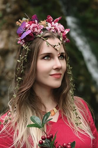 MOSTORY Purple Fairy Flower Crown - Elf Woodland Headpiece Floral Vine Headband Forest Hairband with Butterfly Fairy Costume for Women Renaissance Renfaire Party Cosplay Photo Shoot