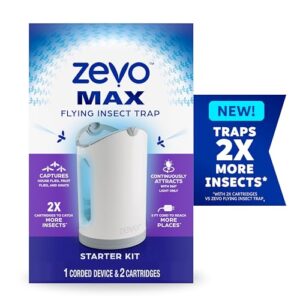 zevo max flying insect trap, fly trap captures houseflies, fruit flies, and gnats (1 plug-in base + 2 cartridges)