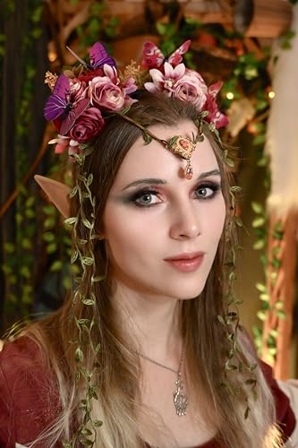 MOSTORY Purple Fairy Flower Crown - Elf Woodland Headpiece Floral Vine Headband Forest Hairband with Butterfly Fairy Costume for Women Renaissance Renfaire Party Cosplay Photo Shoot