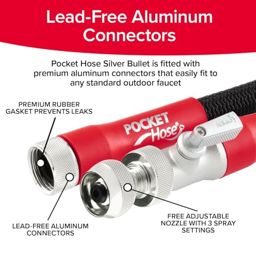 Pocket Hose Silver Bullet 2.0 Expandable Garden Hose 100-FT with Turbo Shot Nozzle, AS-SEEN-ON-TV, Lead-Free, Solid Aluminum Connectors, Easy On/Off Valve, Kink-Free, Leak-Proof