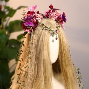 MOSTORY Purple Fairy Flower Crown - Elf Woodland Headpiece Floral Vine Headband Forest Hairband with Butterfly Fairy Costume for Women Renaissance Renfaire Party Cosplay Photo Shoot