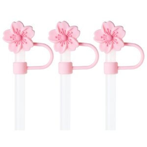 3pcs flowers silicone straw cover cap for pink stanley cup, 0.4in cute straw topper accessories for 40 oz/30 oz stanley tumbler, portable protector plugs valentines decor gifts for kids party favors